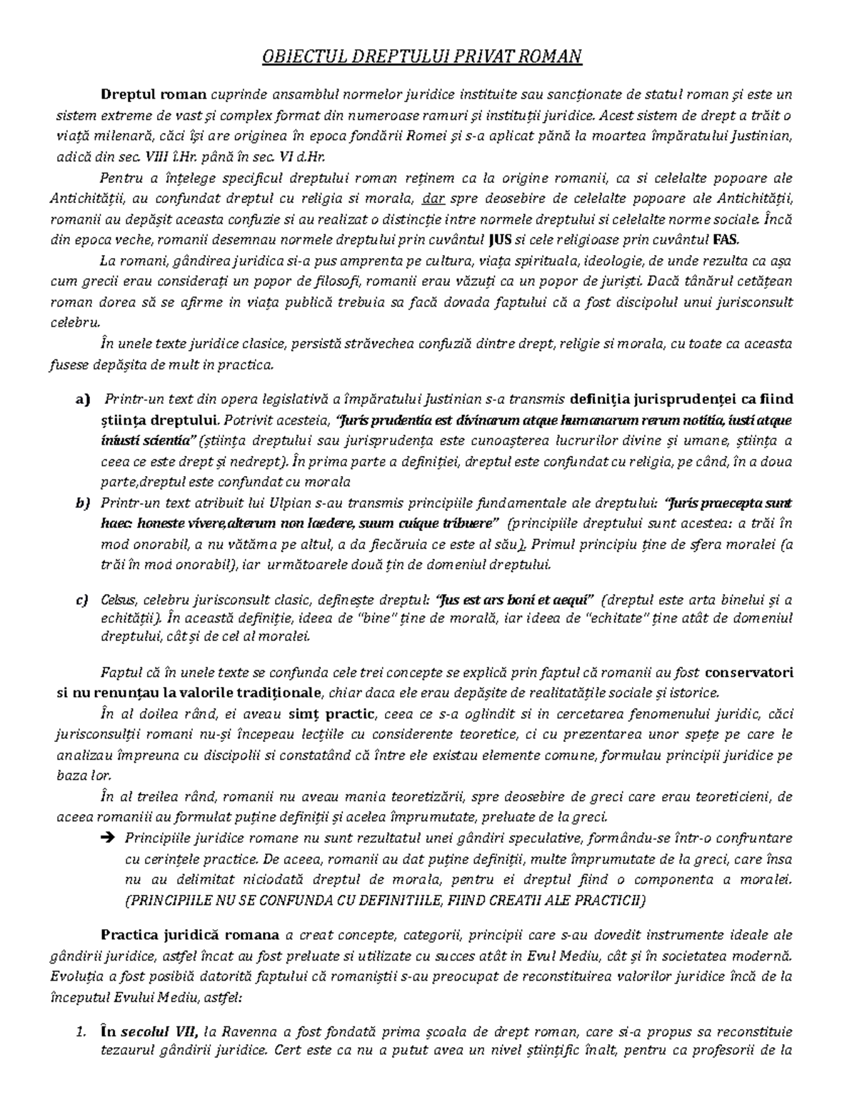 Drept Roman 1 - Lecture notes 1 - OBIECTUL DREPTULUI PRIVAT ROMAN ...