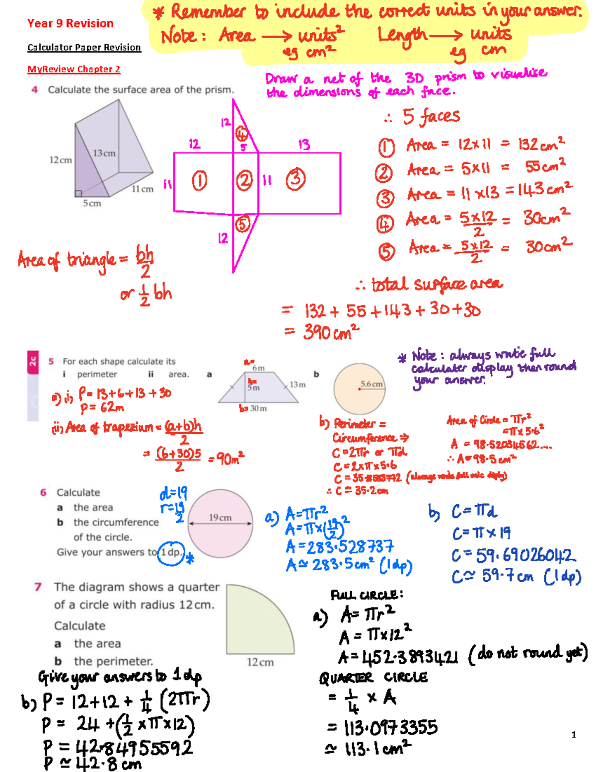 Year 9 Revision Booklet Solutions - 1 Year 9 Revision Calculator Paper ...