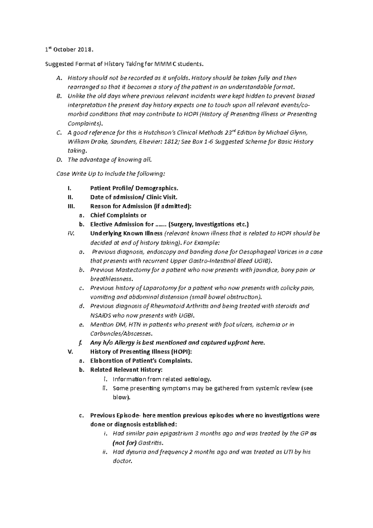 Format of History Taking - 1 st October 2018. Suggested Format of ...