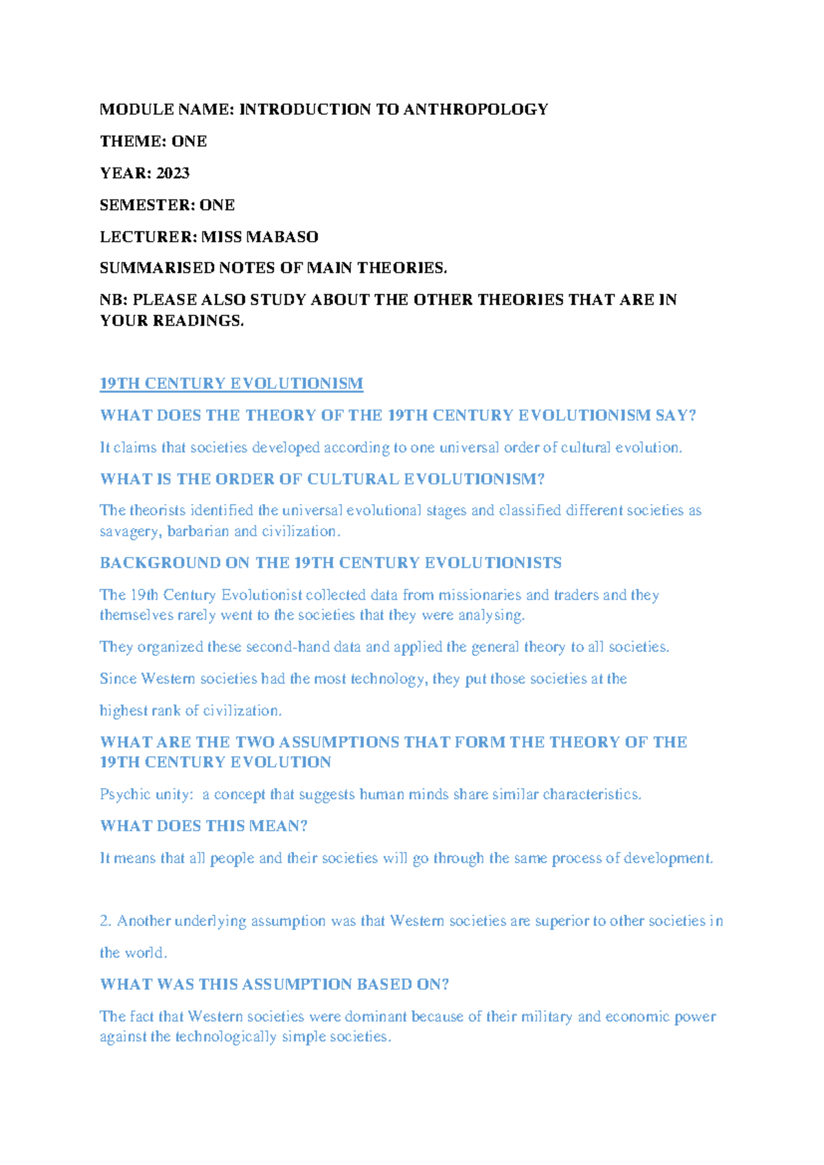 ANTH 101 Summarised Theory Theme 1 Notes MISS Mabaso (1) - MODULE NAME ...