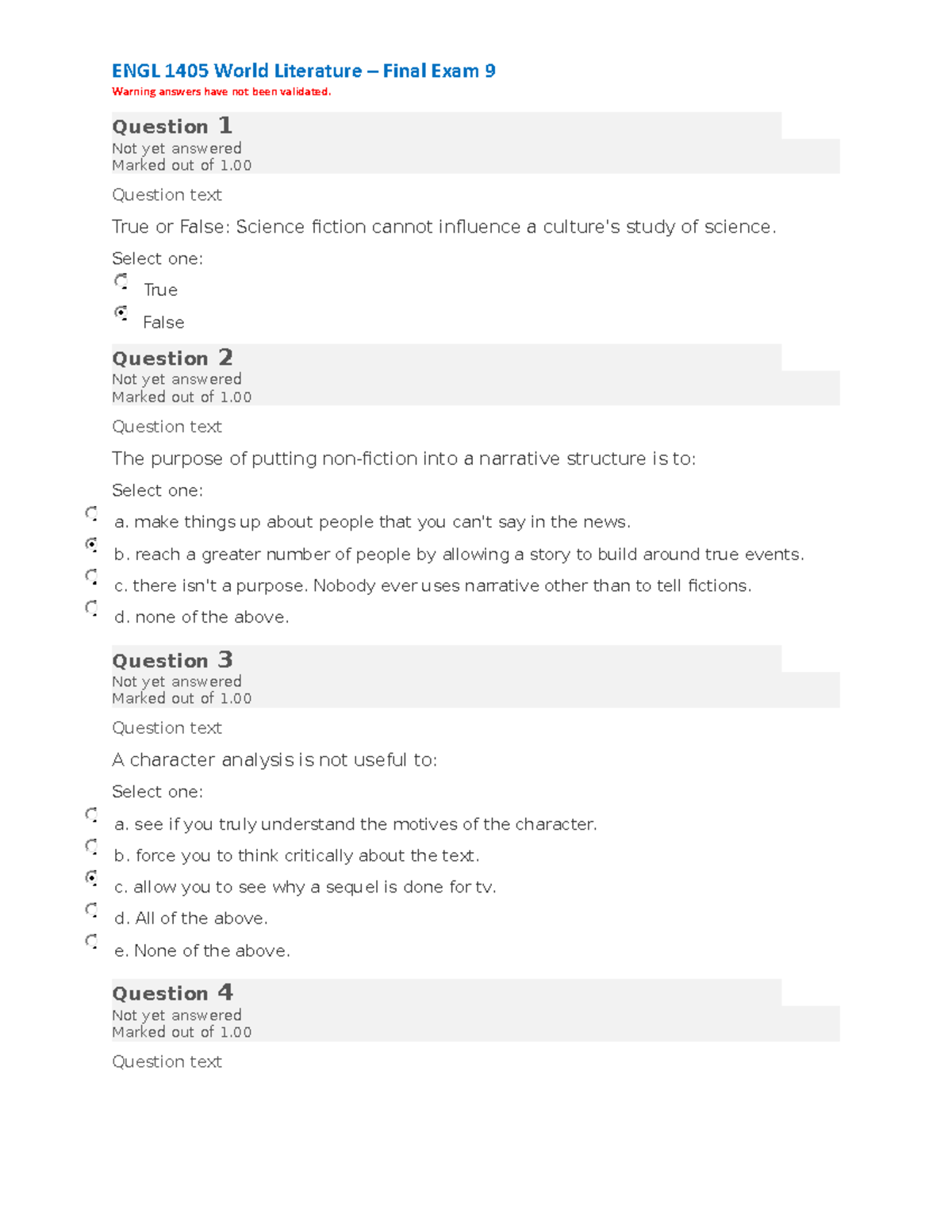 ENGL 1405 - Final Exam 9 - Warning answers have not been validated ...