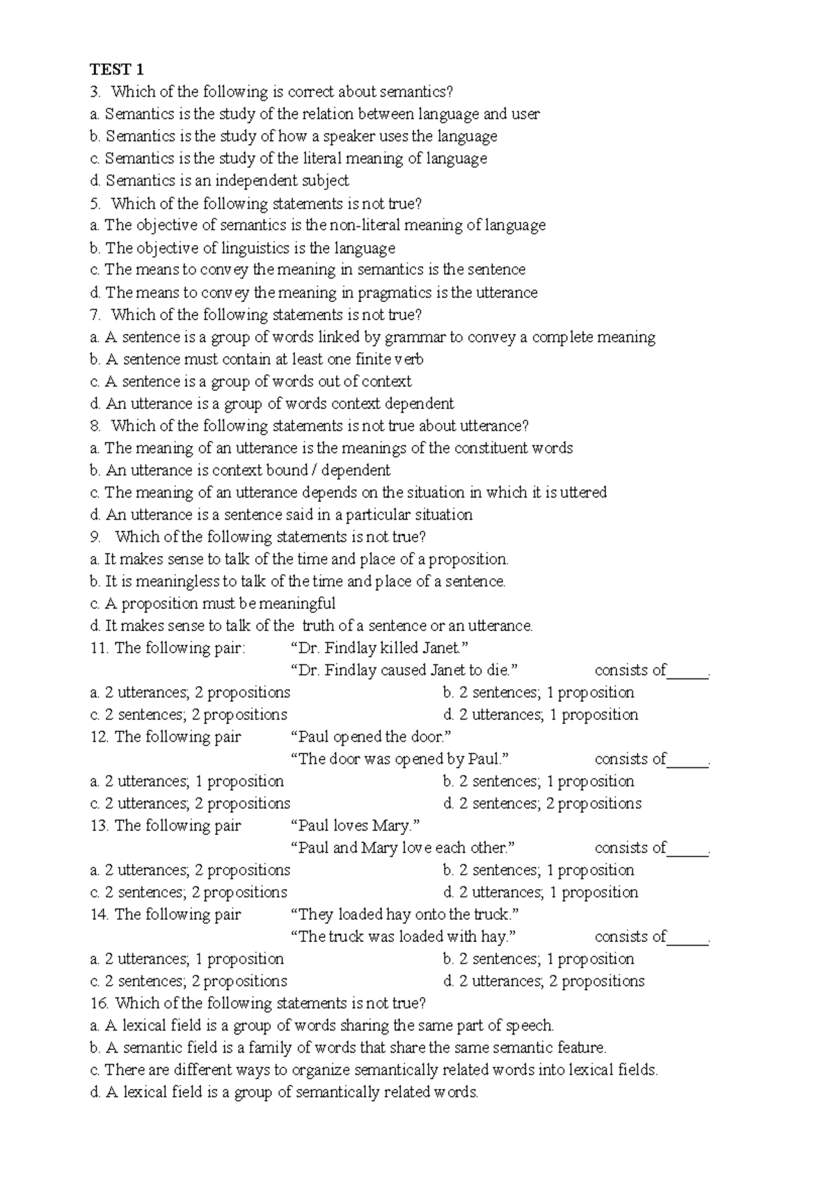 Semantics - Summary Tiếng anh 1 - TEST 1 3. Which of the following is ...