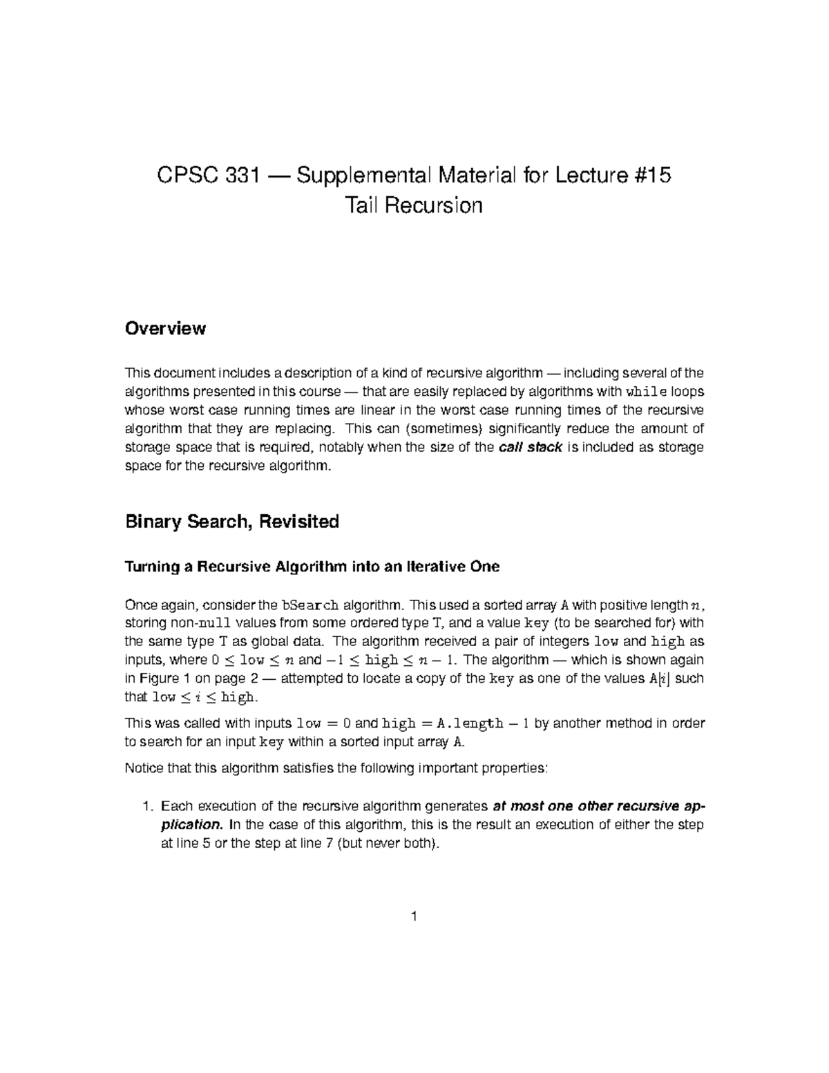 Tail Recursion Lec 15 Cpsc 331 — Supplemental Material For Lecture