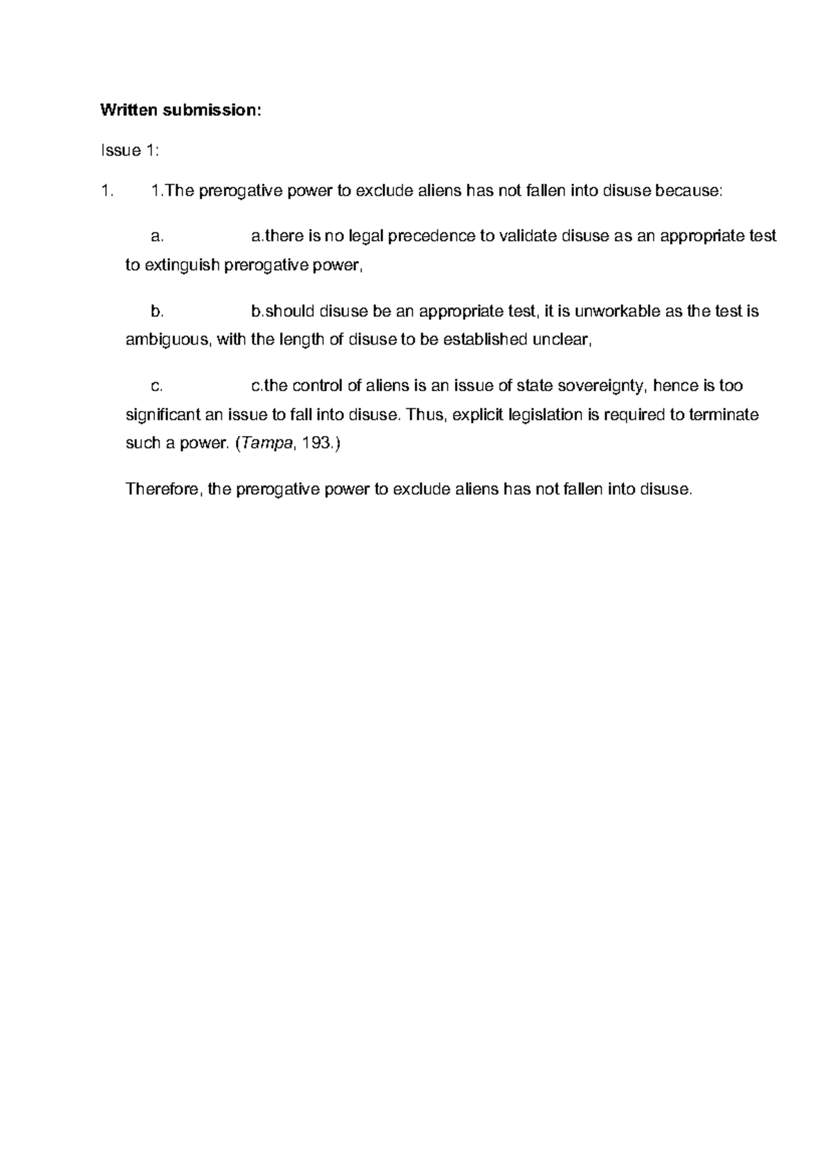 MOOT Script Draft - Written submission: Issue 1: 1. 1 prerogative power ...