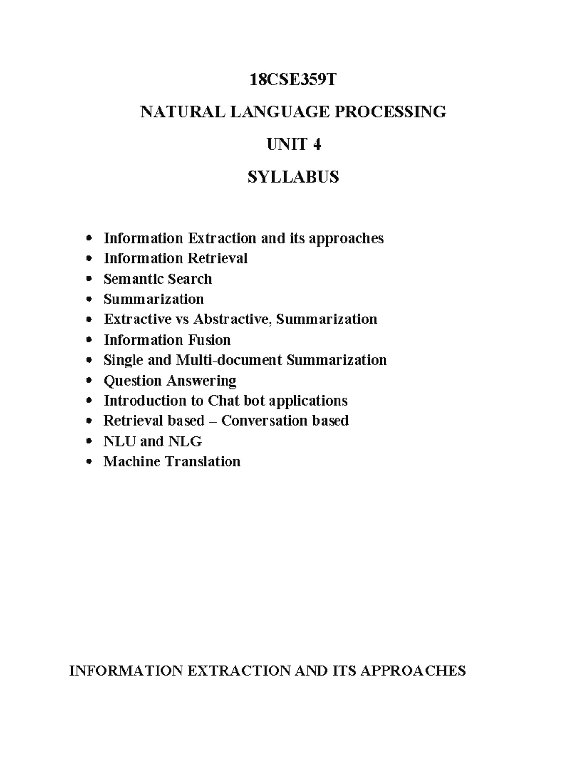 18cse359t Nlp Notes Unit 4 18cse359t Natural Language Processing Unit 4 Syllabus Information