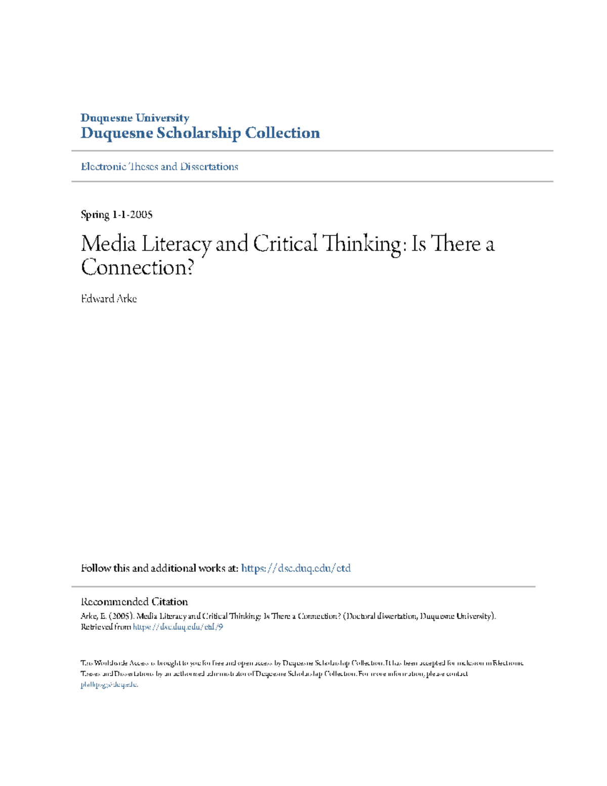 Media Literacy and Critical Thinking Is There a Connection - Duquesne ...