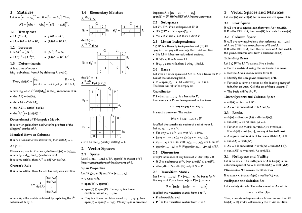 MA2001 Cheatsheet - 1 Matrices Let A = [ a 1 · · · a m ] ⊺ and B = [ b ...