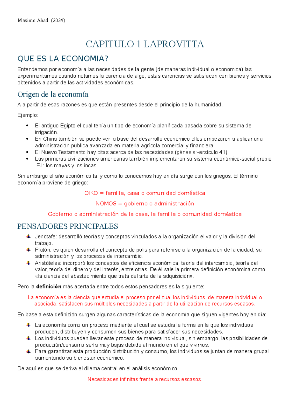 Economia Politica Resumen - Maximo Abad. (2024) CAPITULO 1 LAPROVITTA ...