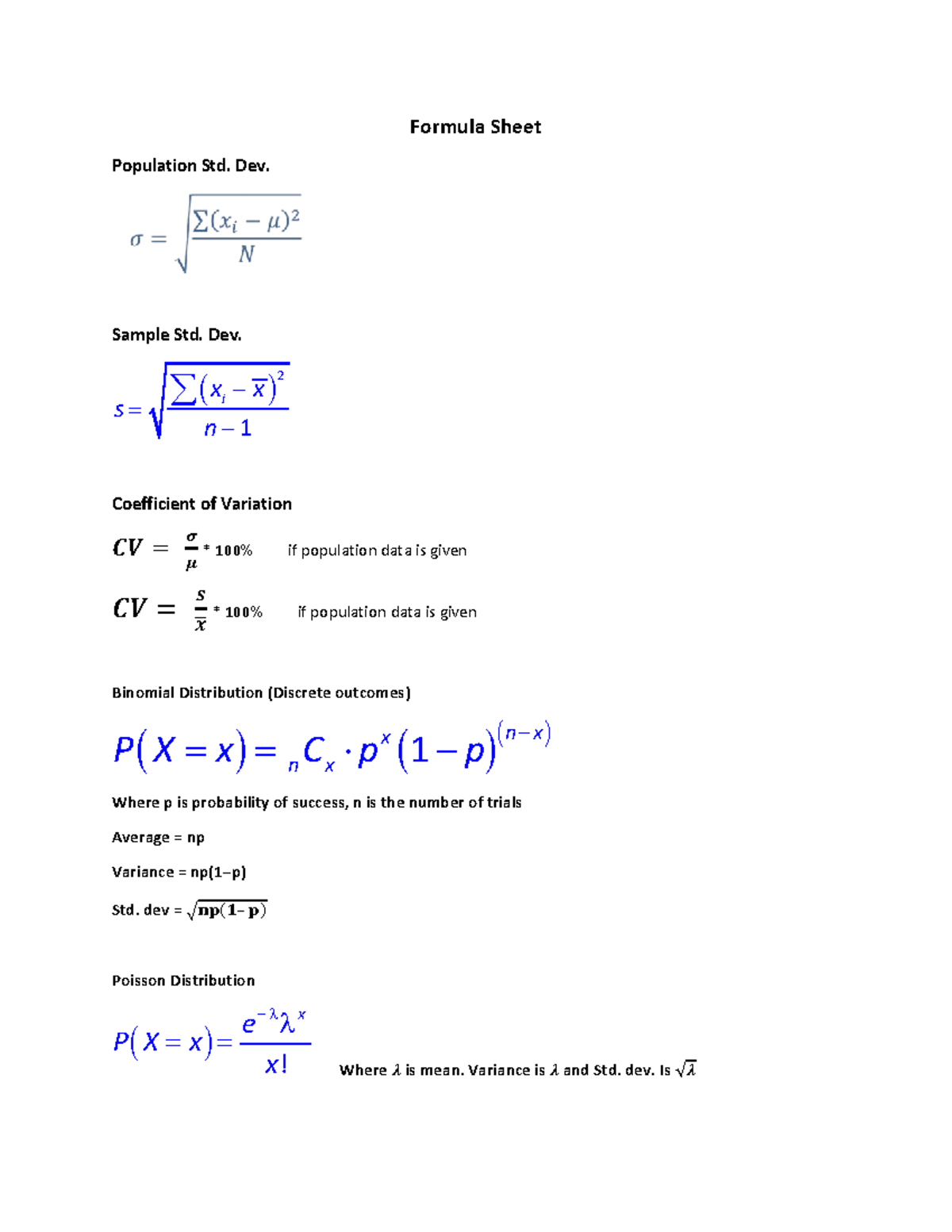Fomula Sheet-1 - Formula sheet - Formula Sheet Population Std. Dev ...
