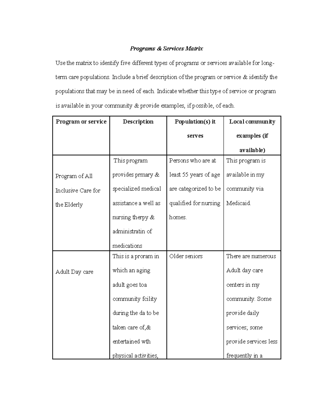 LTC 310 Week 1 Individual Assignment, Programs and Services Matrix ...