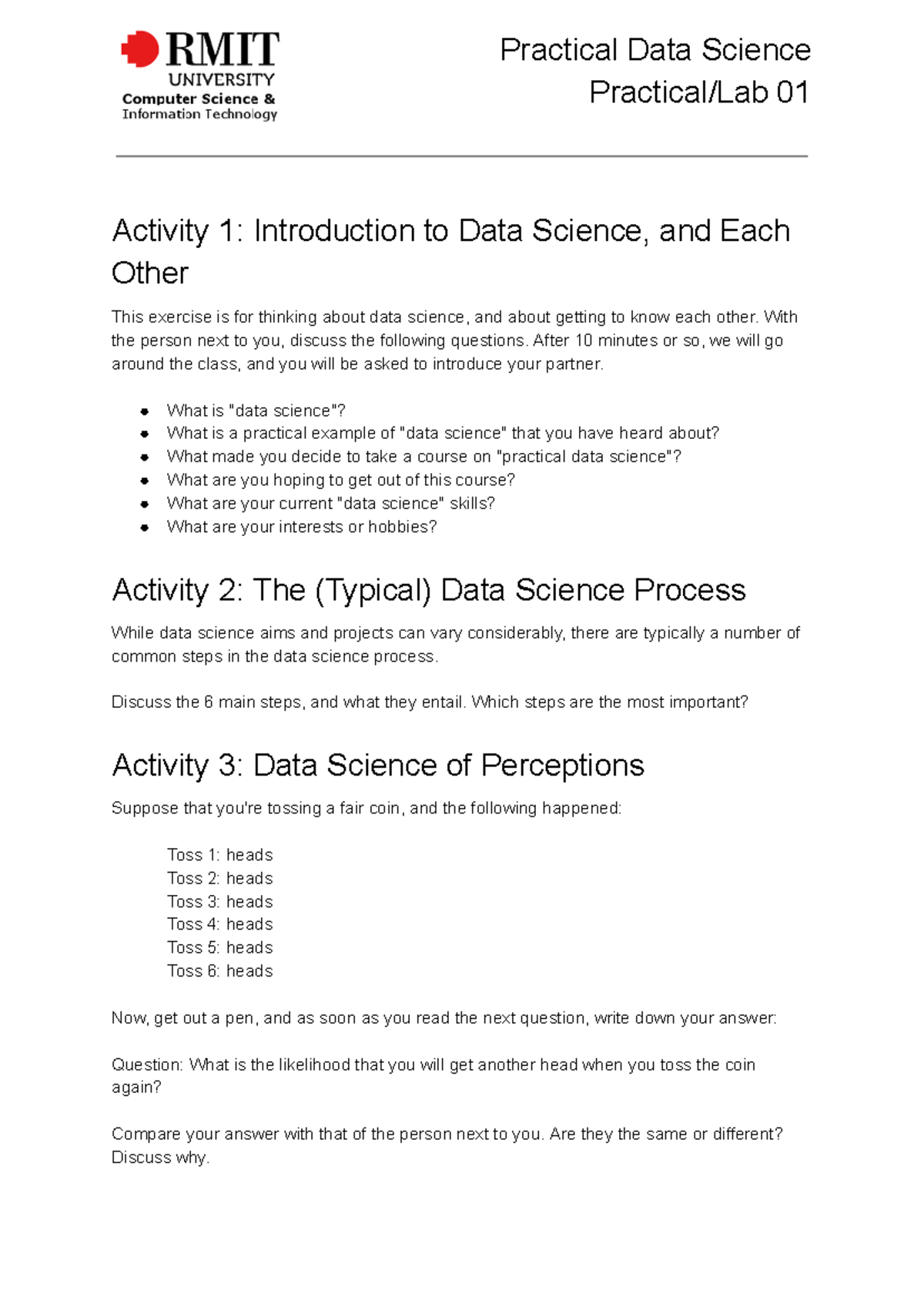 Practical activities week2 - Practical/Lab 01 Activity 1: Introduction to Data Science, and Each ...