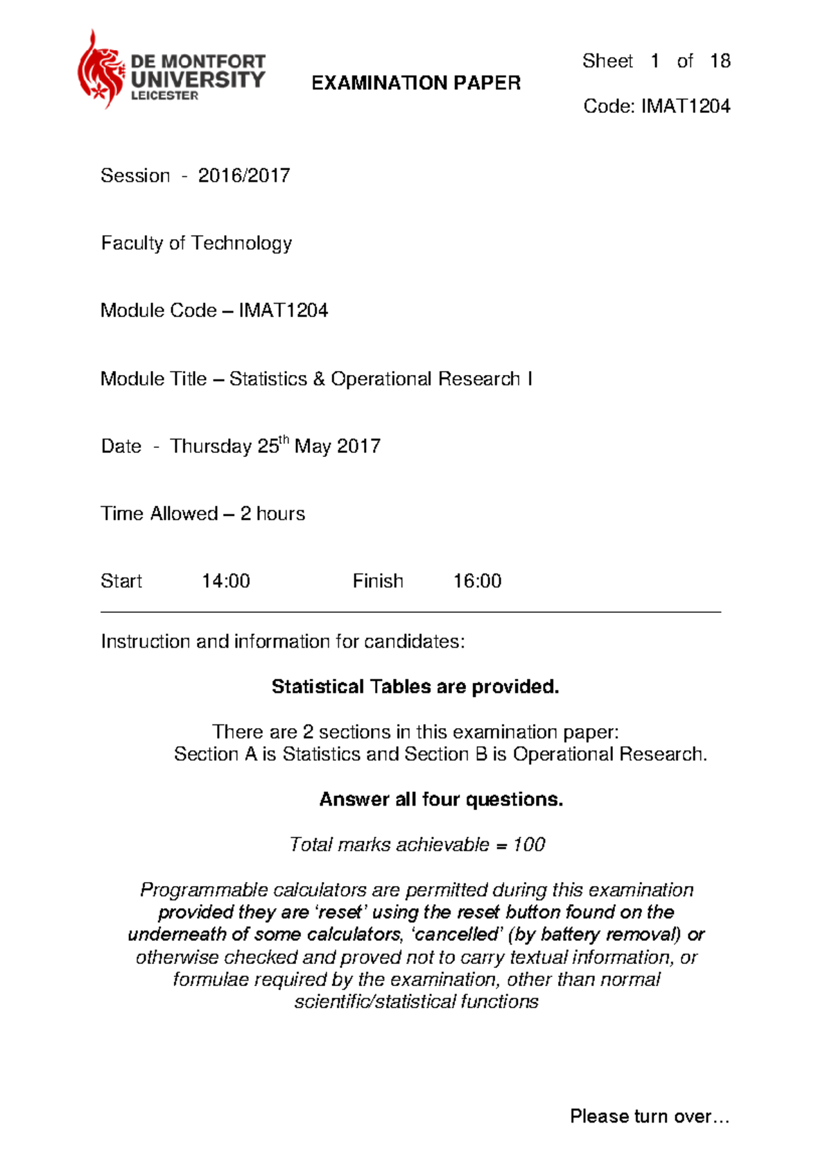 IMAT1204 2017 - EXAM - Sheet 1 of 18 EXAMINATION PAPER Code: IMAT ...