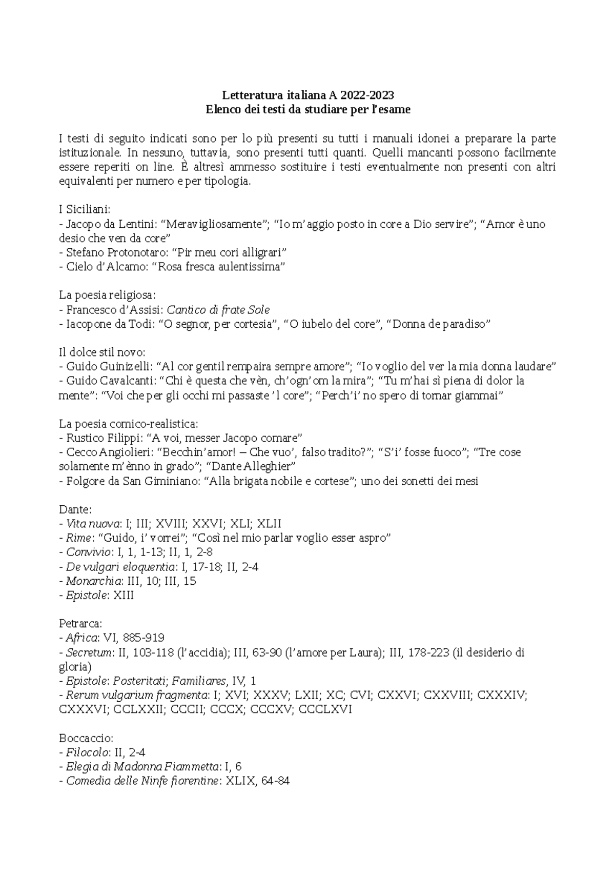 Testi da leggere per la parte istituzionale - Letteratura italiana A ...