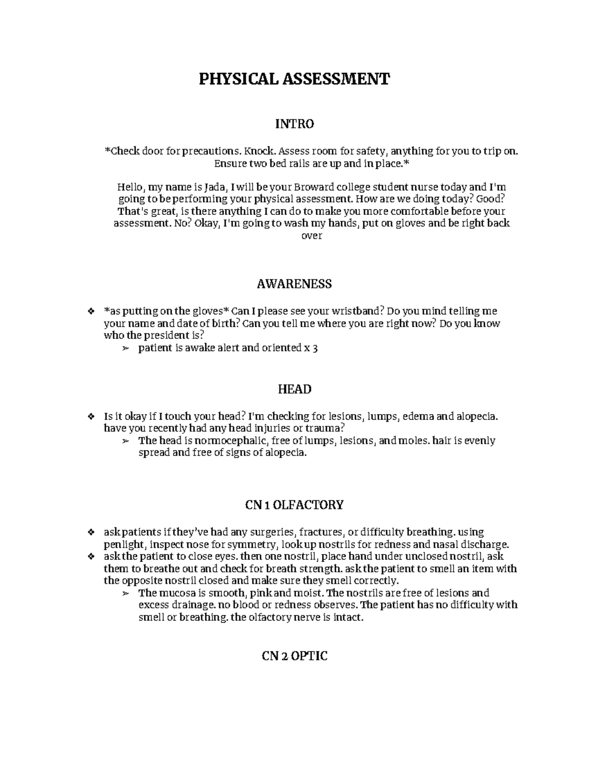 Head to Toe Assessment Mock Script - PHYSICAL ASSESSMENT INTRO *Check ...