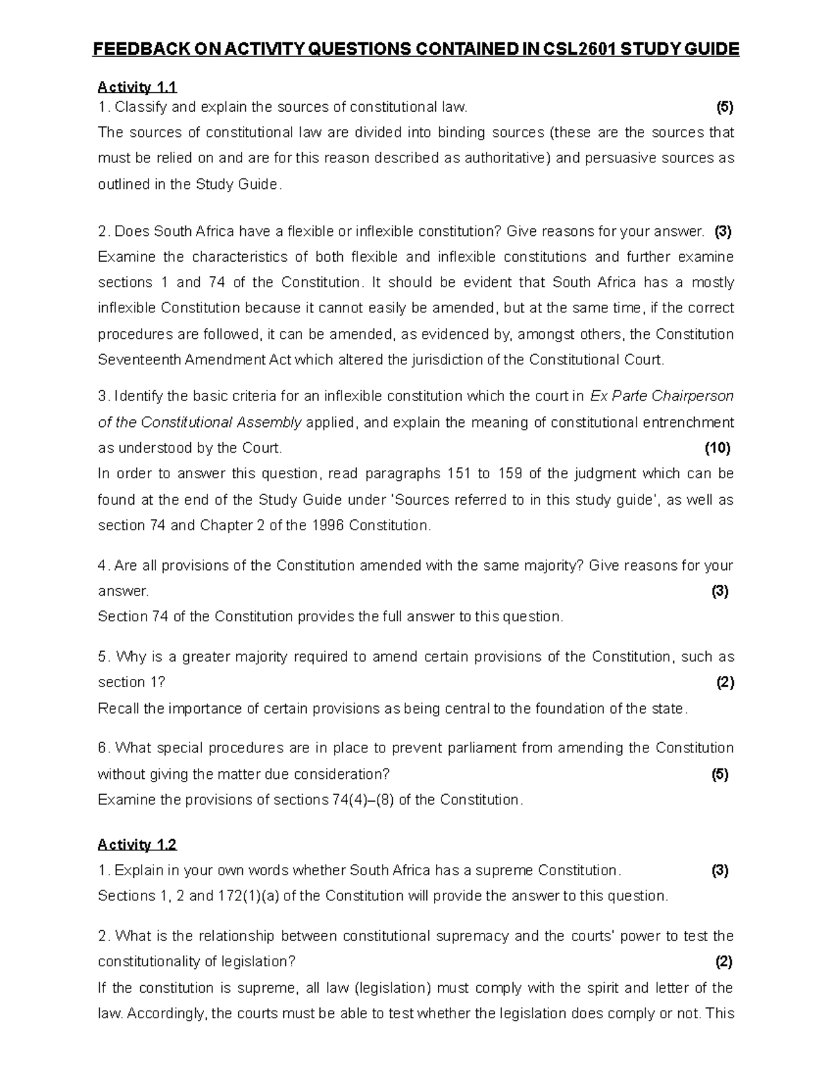 2018 CSL2601 Feedbackonactivit - FEEDBACK ON ACTIVITY QUESTIONS ...