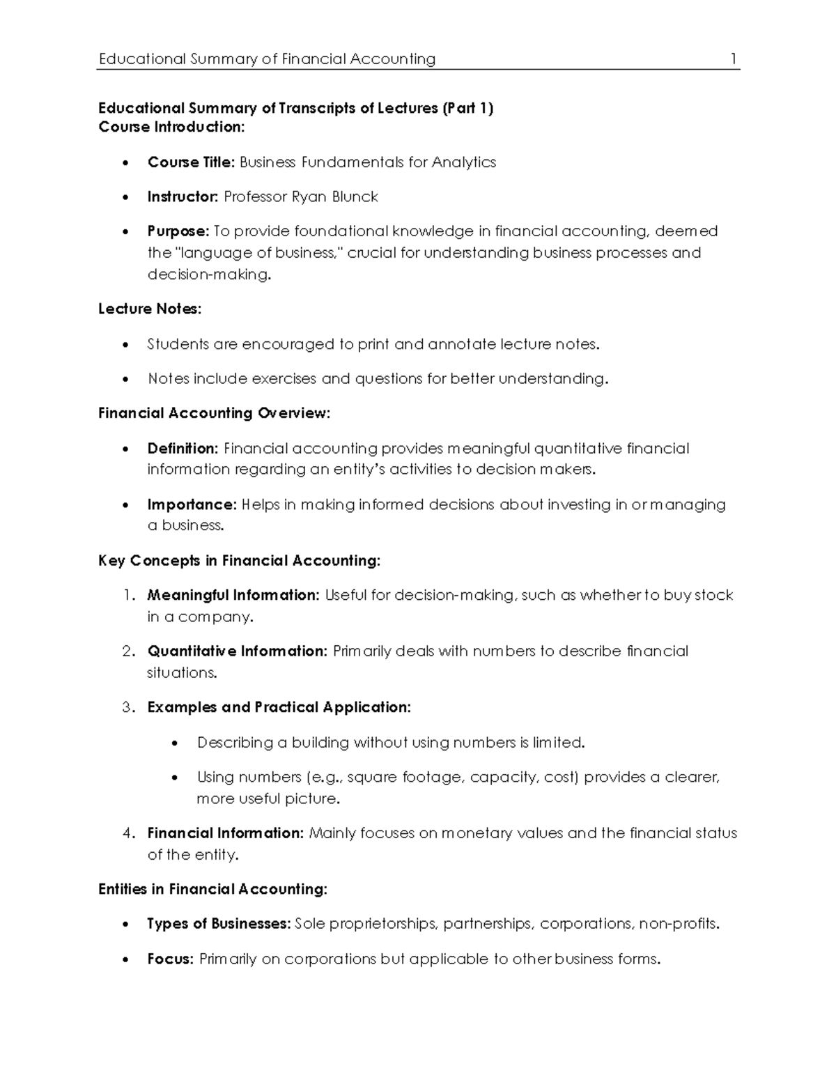 Educational Summary (Financial Accounting) Week 1 - Educational Summary of Transcripts of ...