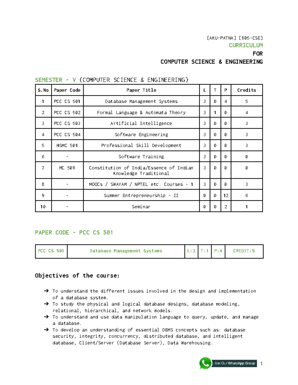 5th semester syllabus - [AKU-PATNA] [105-CSE] CURRICULUM FOR COMPUTER SCIENCE & ENGINEERING ...