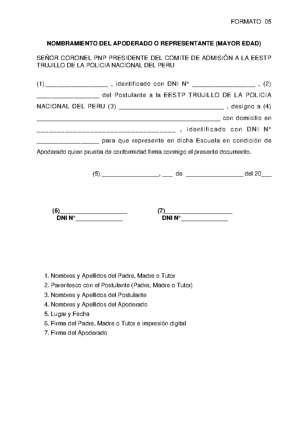 Formato 5 - estudia - FORMATO 05 NOMBRAMIENTO DEL APODERADO O REPRESENTANTE (MAYOR EDAD) SEÑOR ...