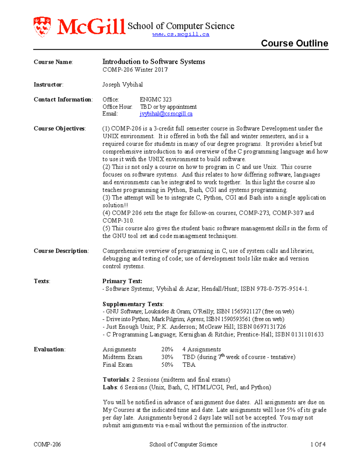 5 COMP 206 Ix2Nkak - Course summary - School of Computer Science cs.mcgill Course Outline Course ...