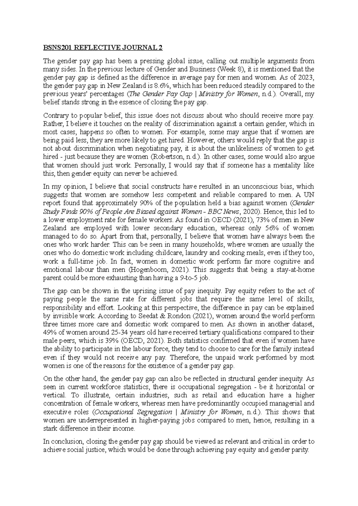 BSNS201 Reflective Journal 2 - BSNS201 REFLECTIVE JOURNAL 2 The gender ...