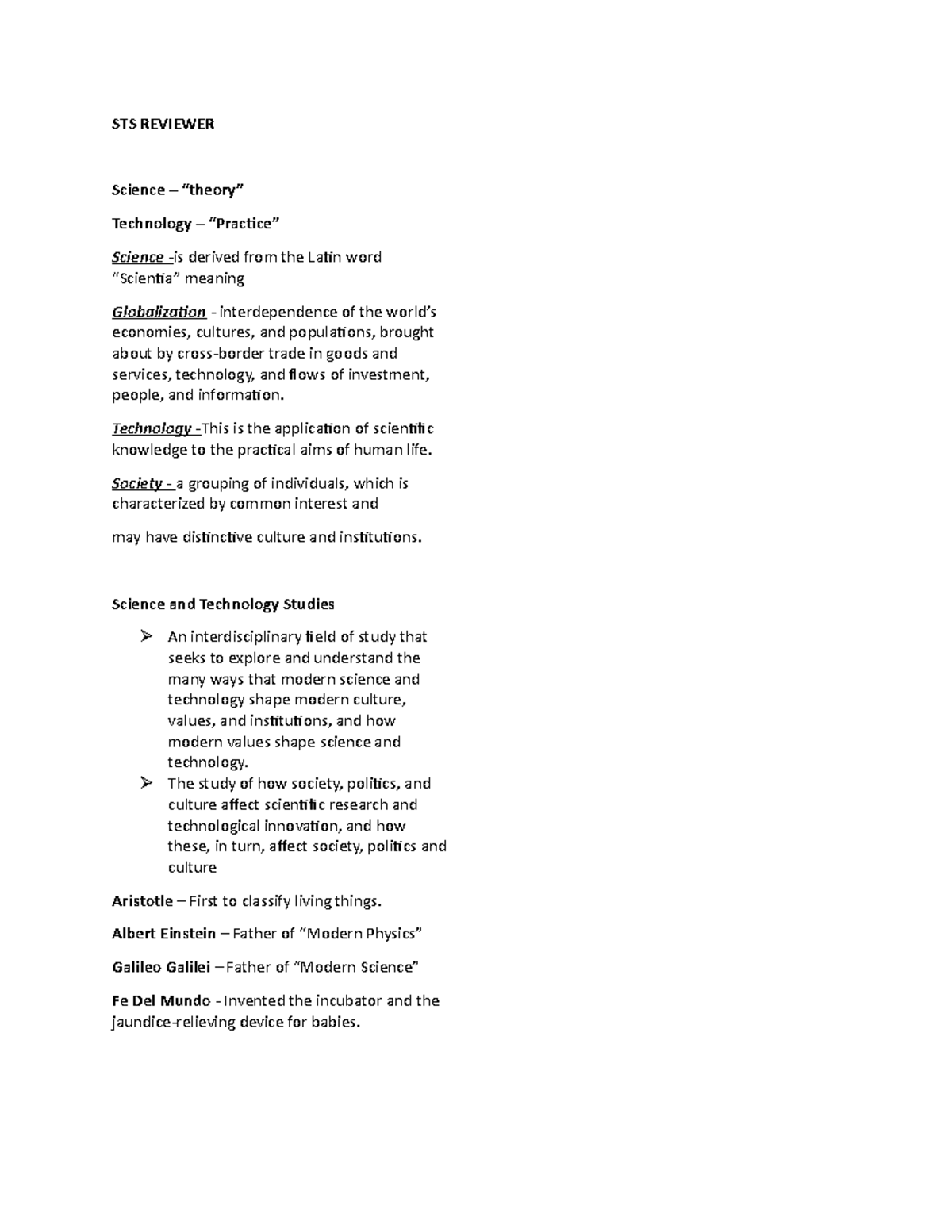 STS Reviewer - STS REVIEWER Science – “theory” Technology – “Practice ...