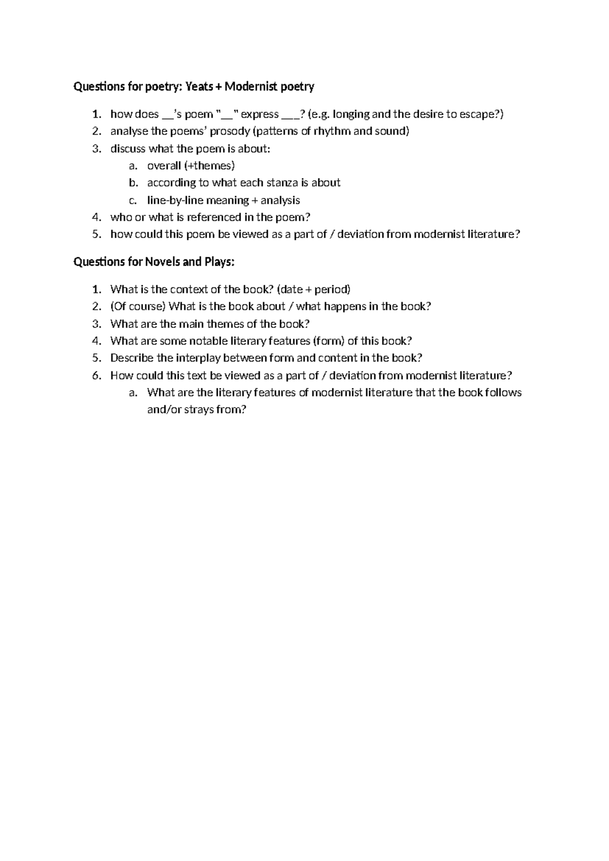 Questions for poetry and books modernism - Questions for poetry: Yeats ...