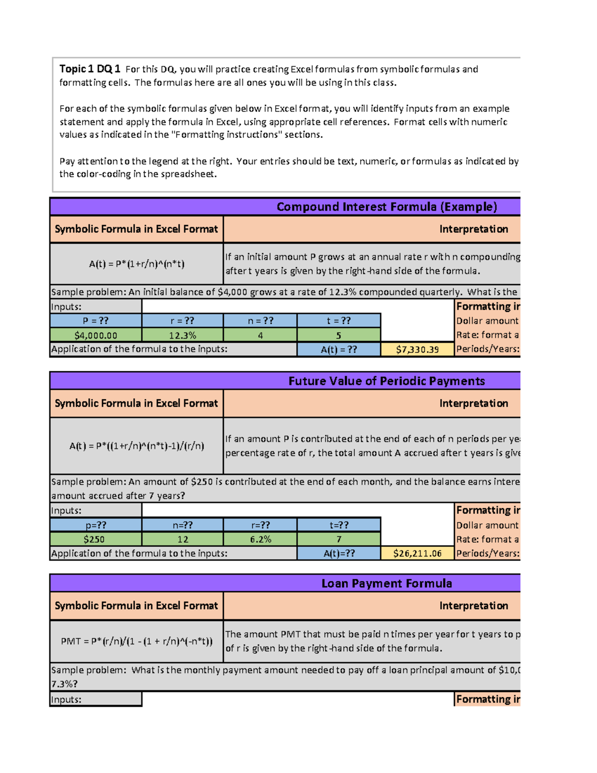 Math 144 topic 1 DQ 1 - excel help - Inputs: Formatting instructions: P ...