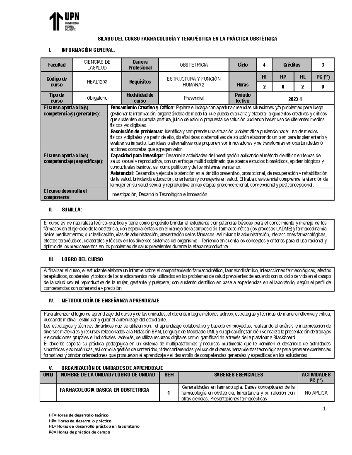 Sílabo DEL Curso Farmacología - 1 HT=Horas de desarrollo teórico HP= Horas de desarrollo ...