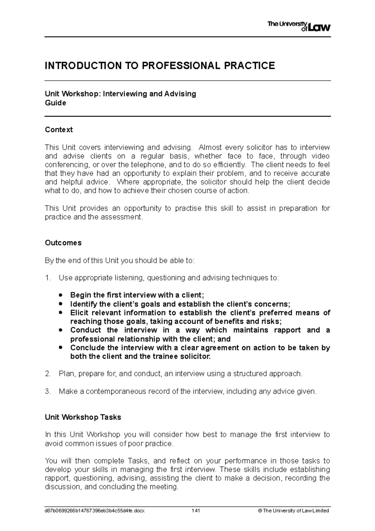 Interviewing Workshop Guide - INTRODUCTION TO PROFESSIONAL PRACTICE ...