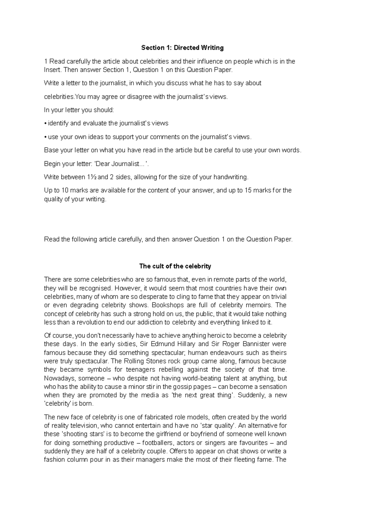 P 2 letter to journalist - Section 1: Directed Writing 1 Read carefully ...