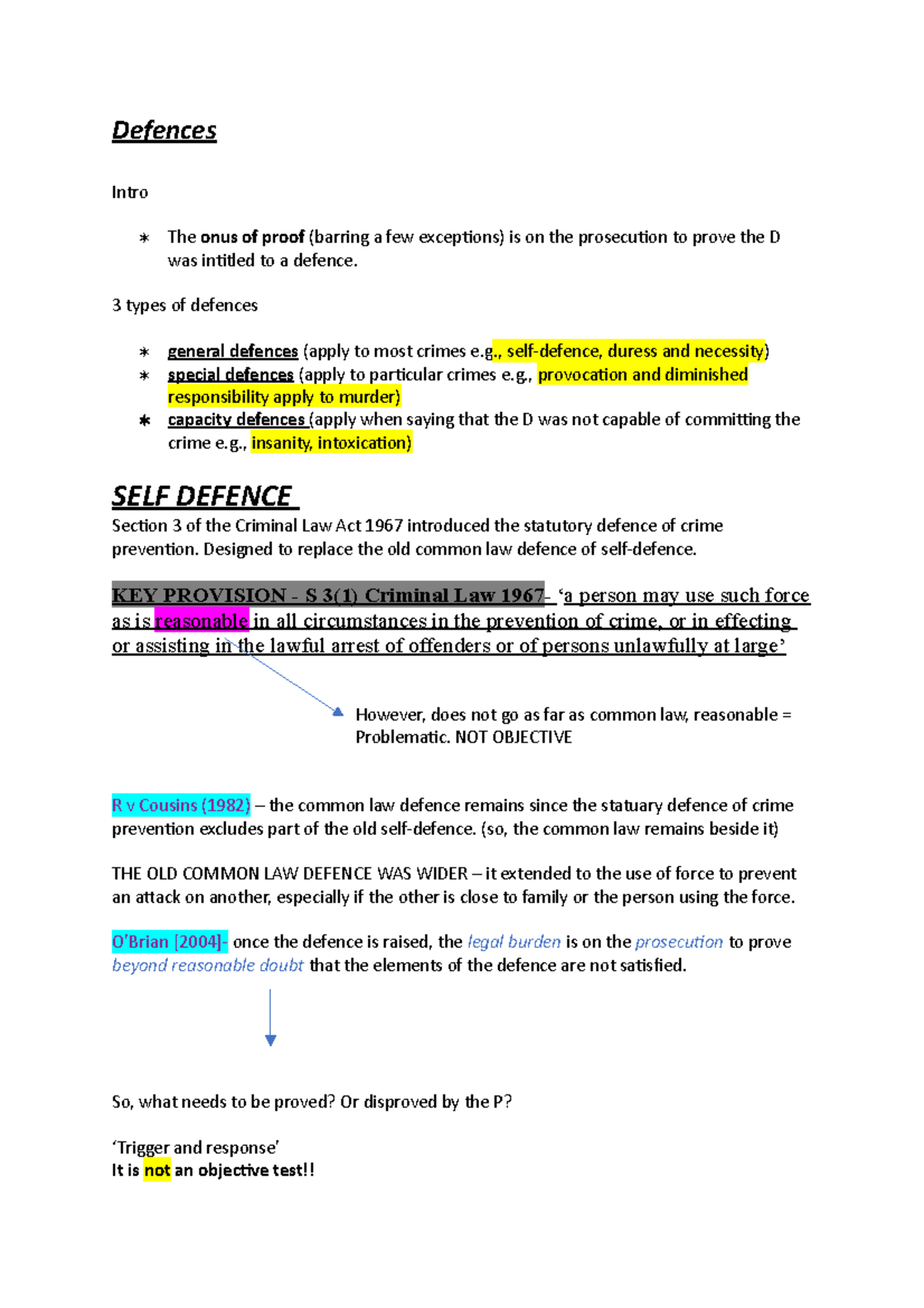 Defences - Notes made in the lecture - Defences Intro The onus of proof ...