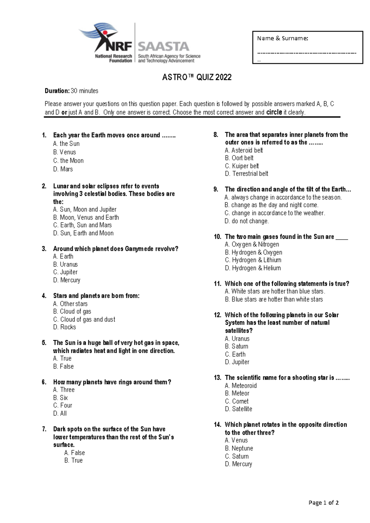 Saasta- Astro Quiz 2022 Round 1- Final - Page 1 of 2 ASTRO™ QUIZ 20 22 ...