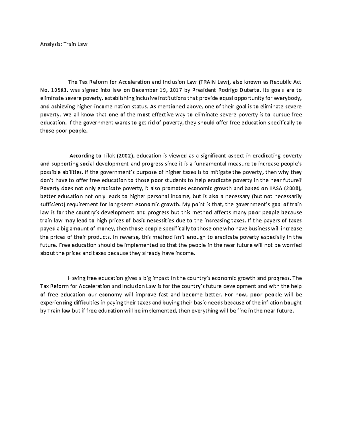 Train law analysis - Analysis: Train Law The Tax Reform for ...