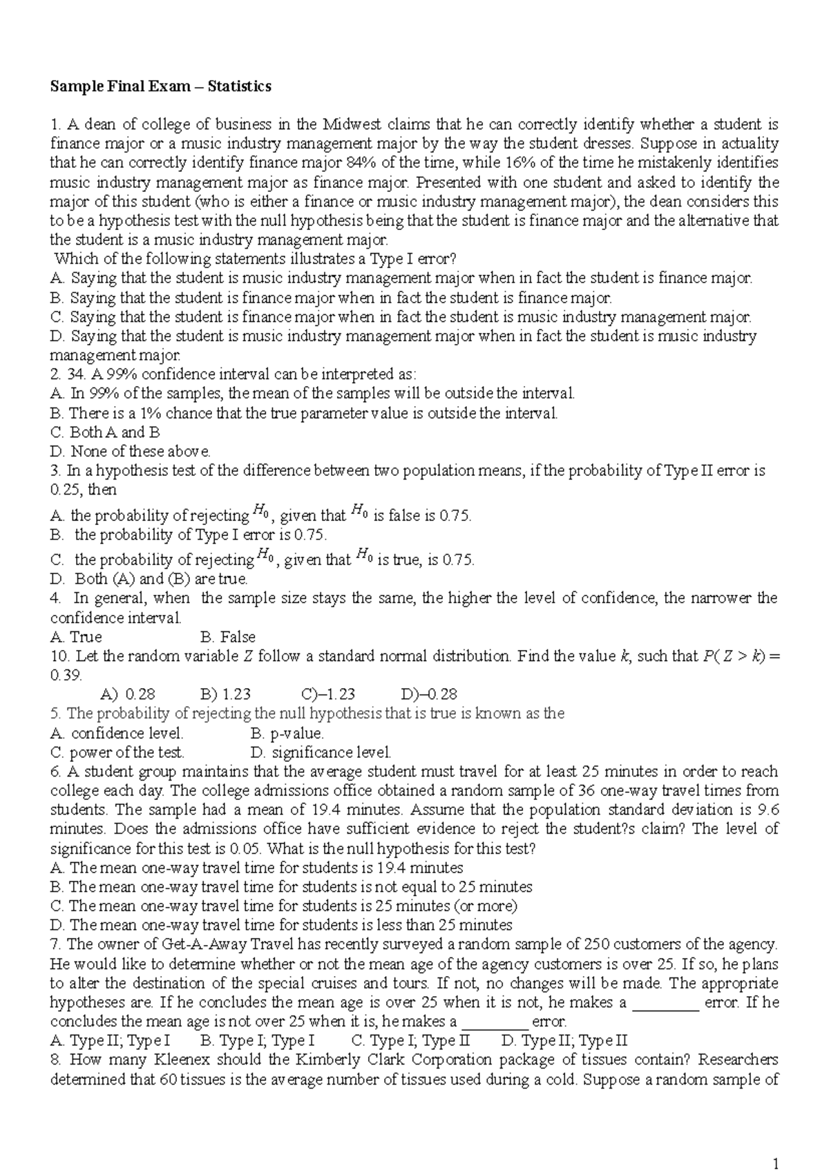 Sample Examination for statistics and its application in finance ...