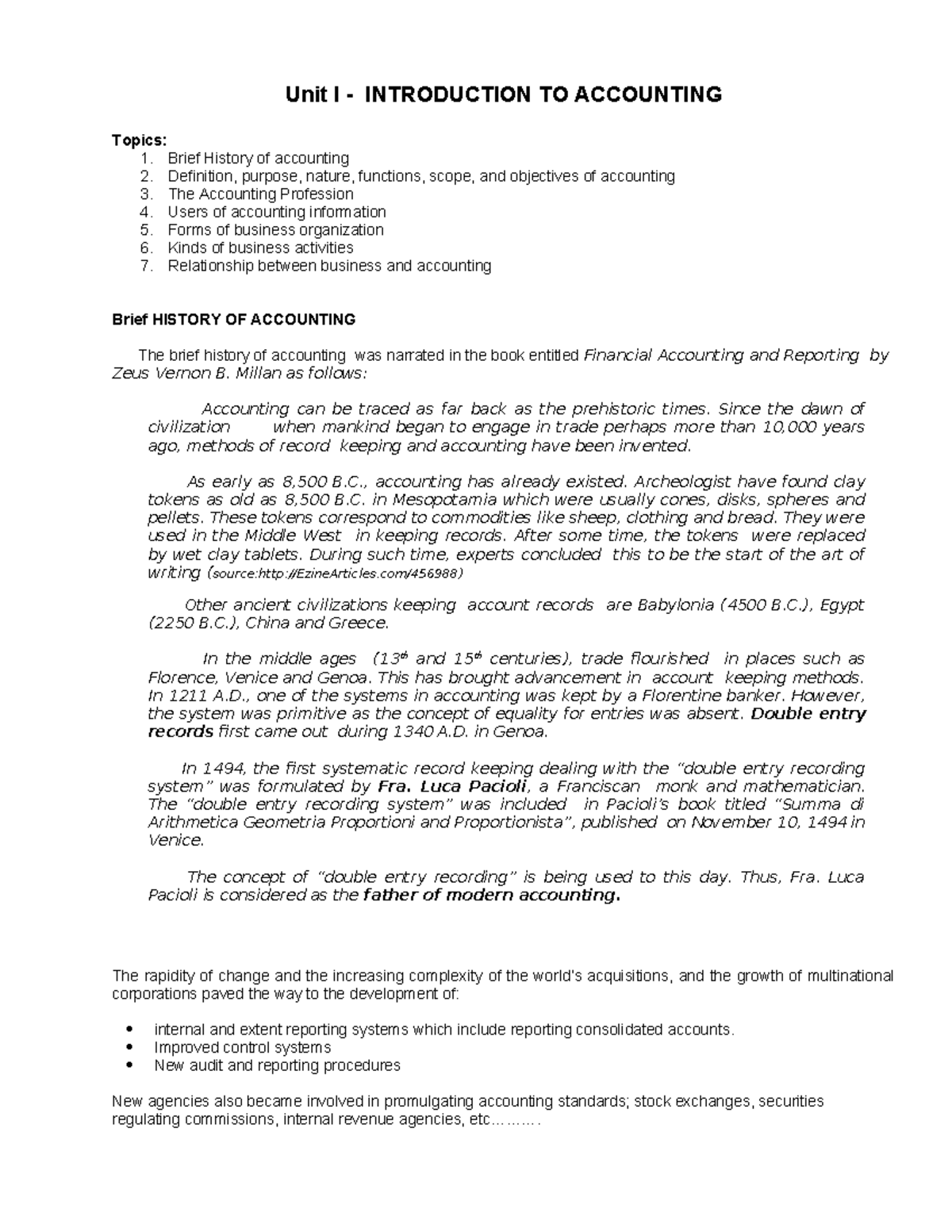 Unit I - Introduction to accounting - Unit I - INTRODUCTION TO ...