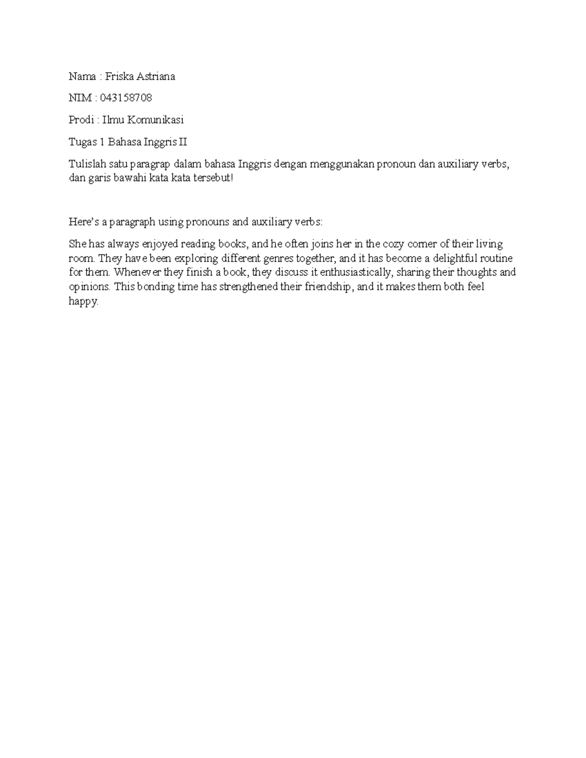Tugas 1 Bahasa Inggris II Friska - Nama : Friska Astriana NIM ...