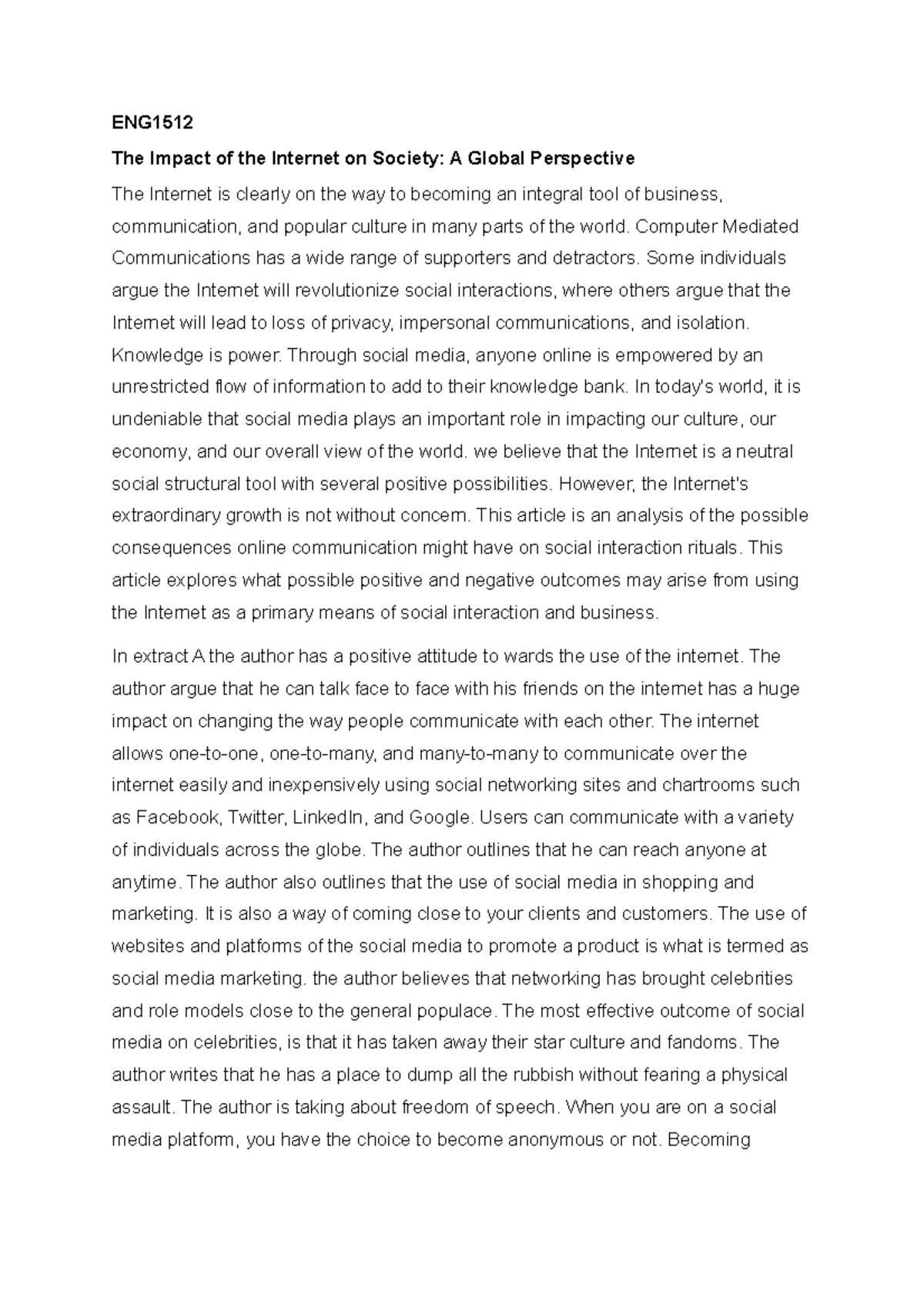 The Impact of the Internet on Society - Computer Mediated ...