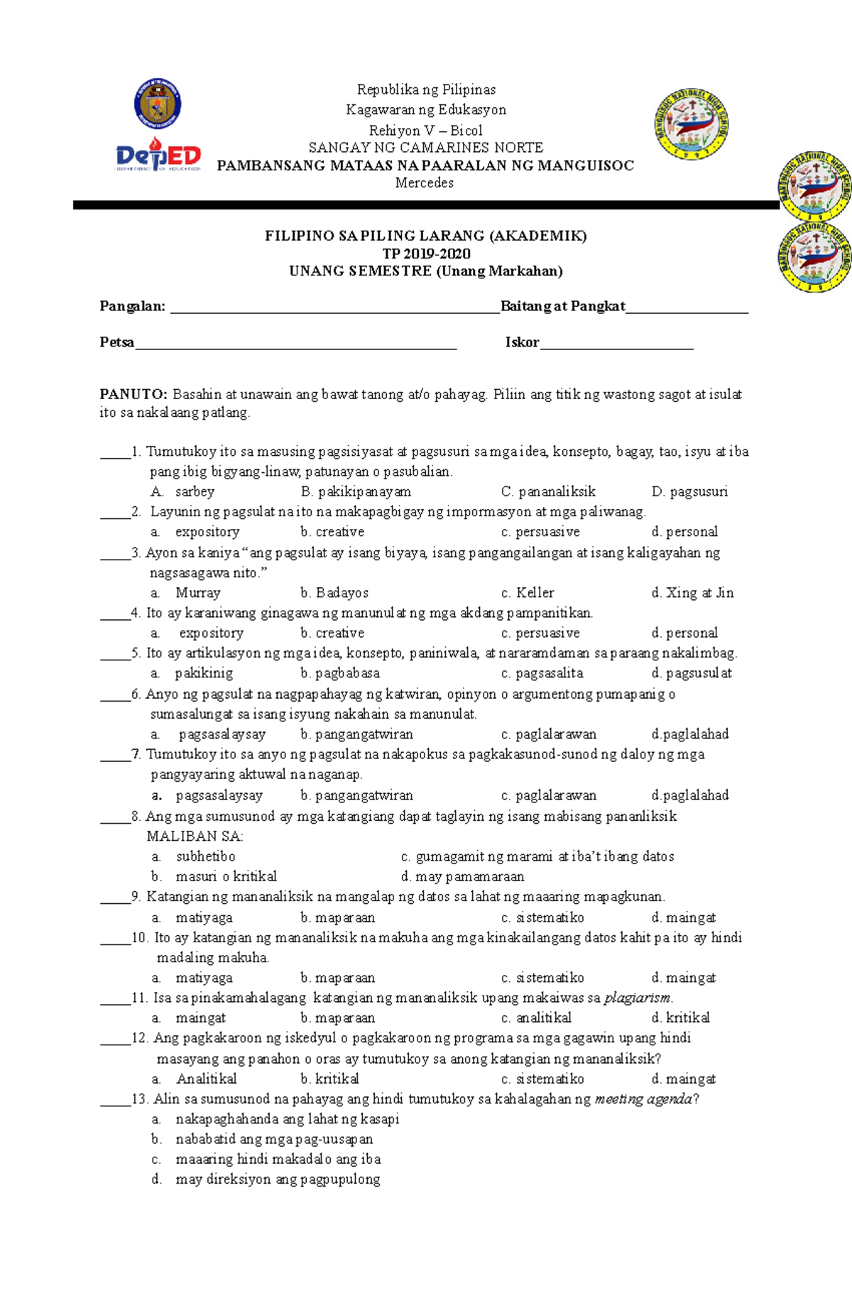 FIL Q1- Larang - PAGSUSULIT - Republika ng Pilipinas Kagawaran ng ...