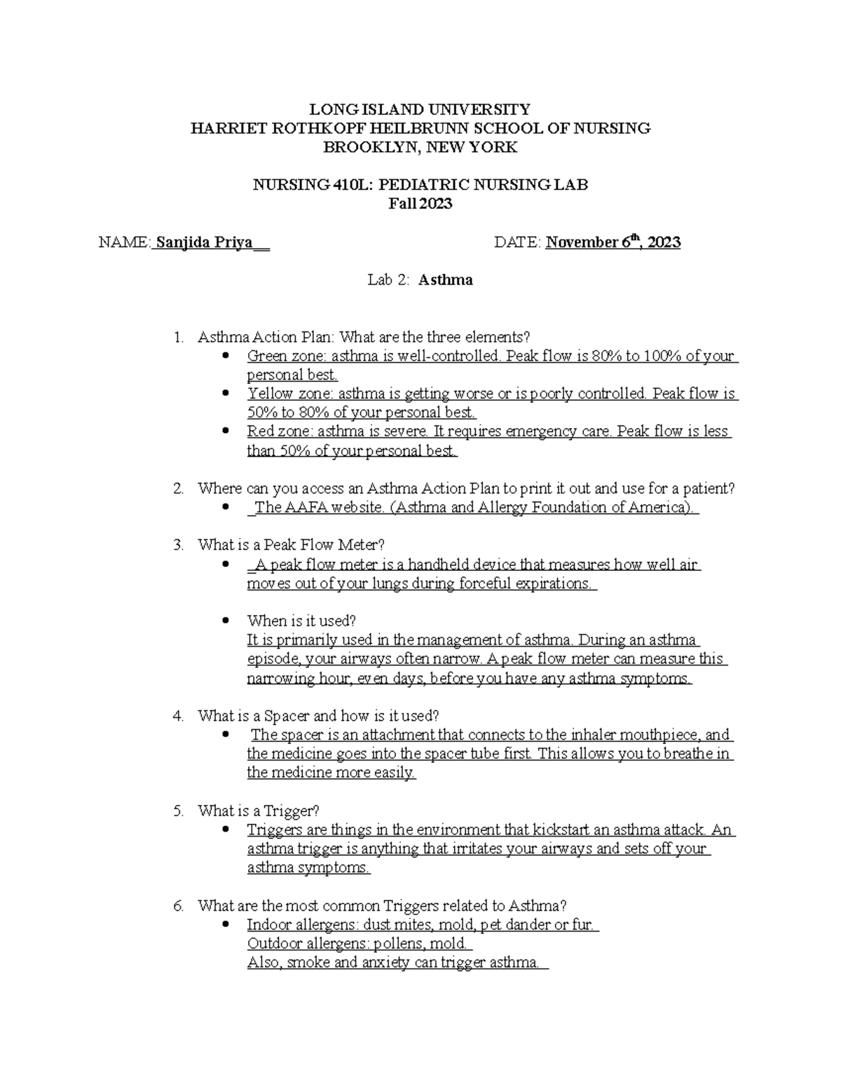 Lab Sheet 2: Asthma - LONG ISLAND UNIVERSITY HARRIET ROTHKOPF HEILBRUNN ...