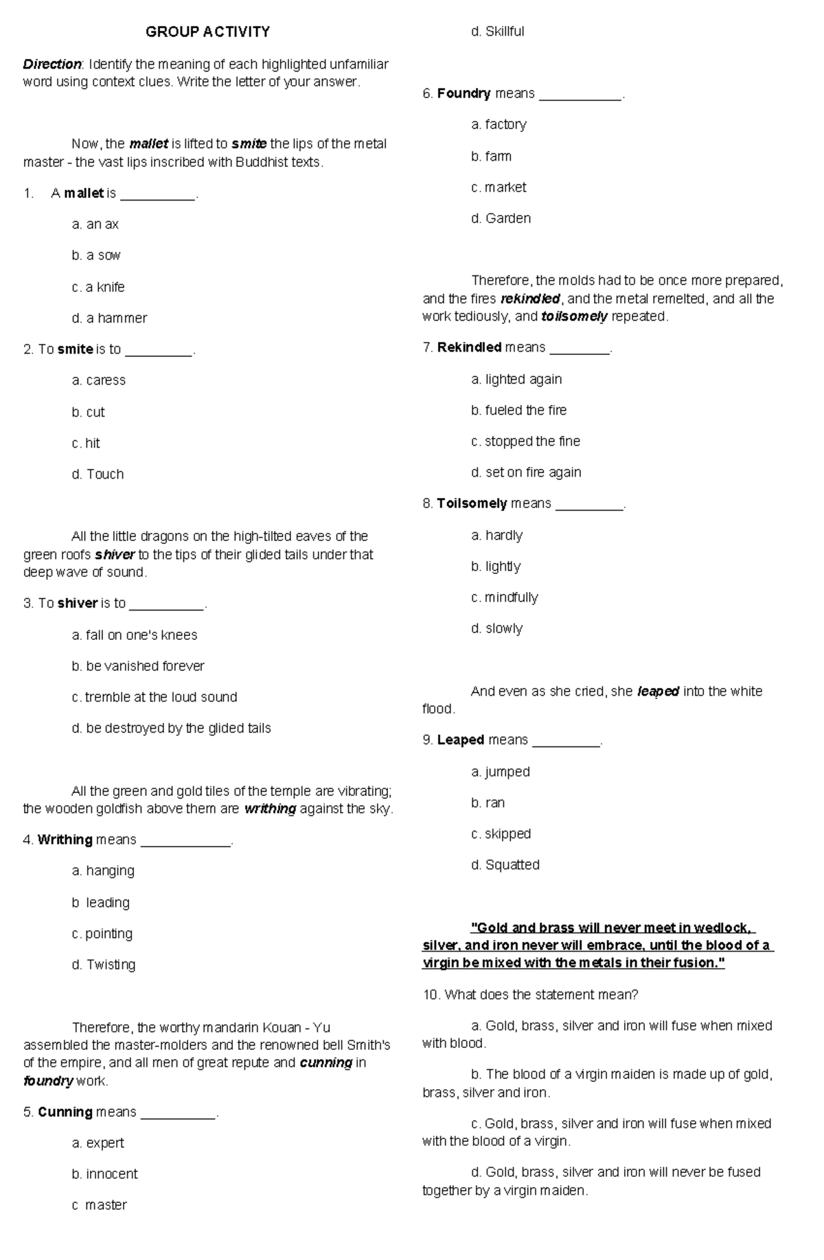 Group Activity- Grade 8 - GROUP ACTIVITY Direction: Identify the ...