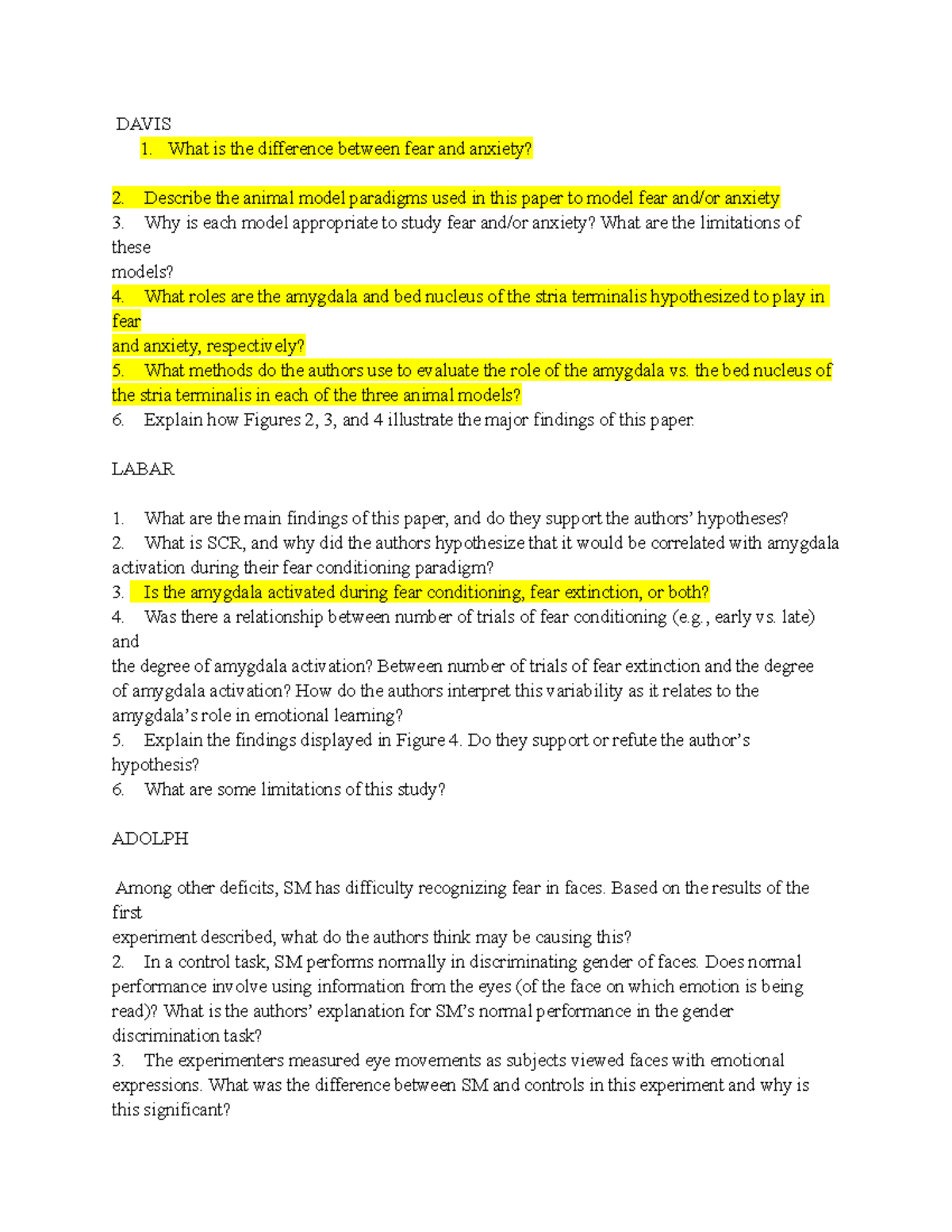 Questions from Paper - DAVIS What is the difference between fear and ...