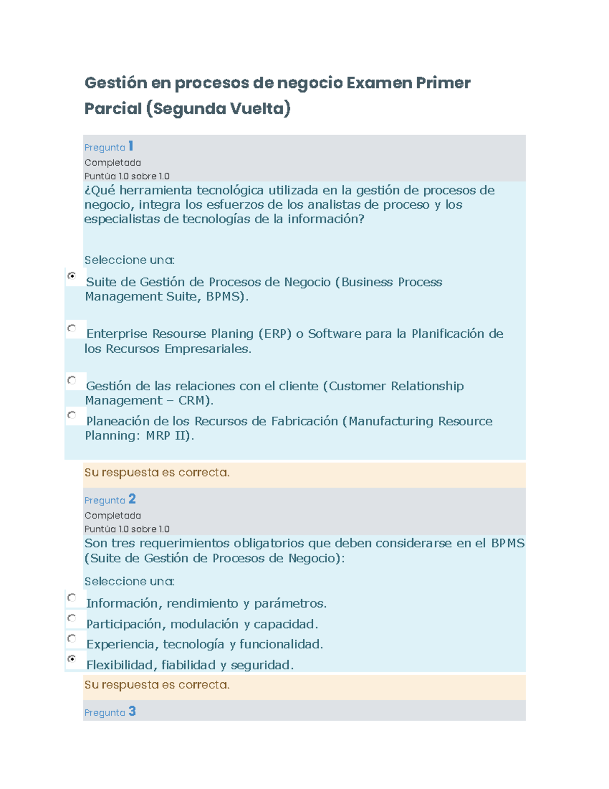 Gestión en procesos de negocio Examen Primer Parcial - Gestión en procesos de negocio Examen ...
