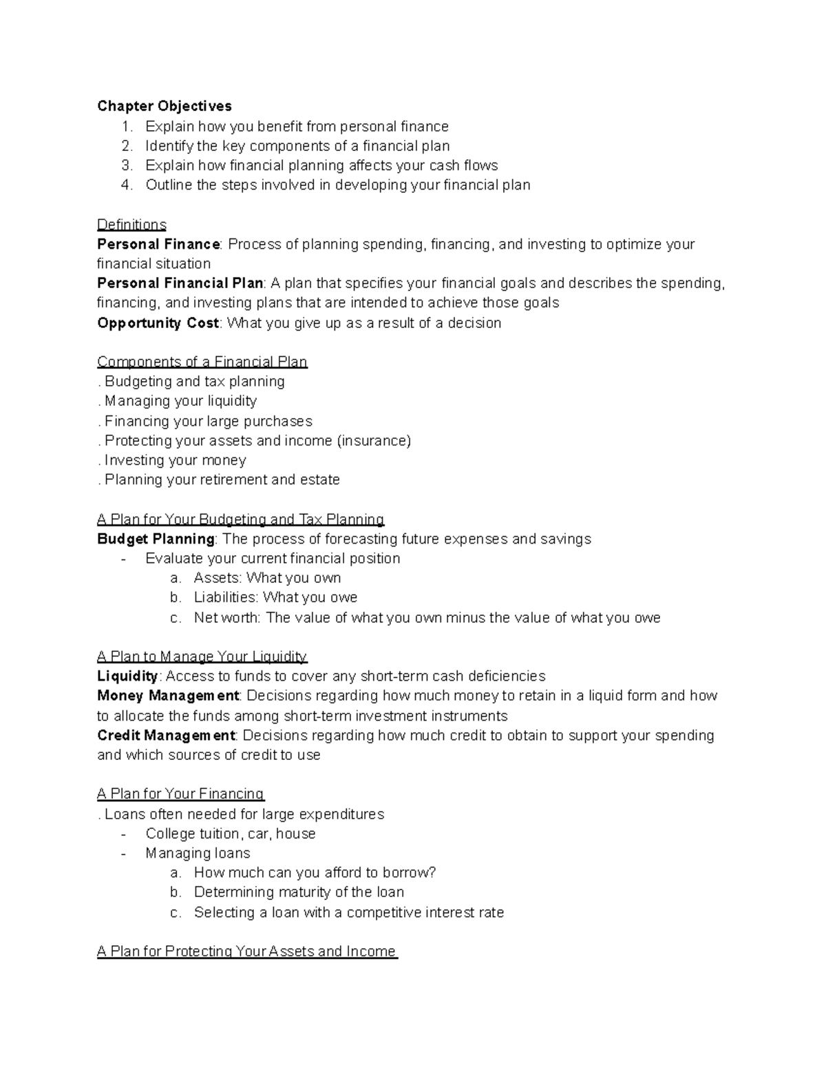 Chapter 1 Overview of a Financial Plan - Chapter Objectives 1. Explain ...