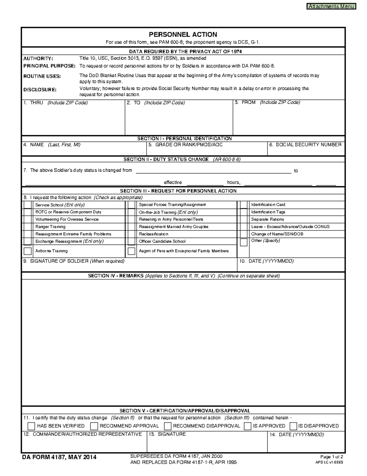 DA Form 4187, Personnel Action - PERSONNEL ACTION To request or record ...