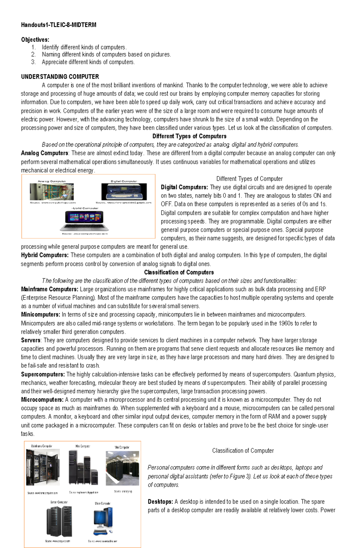 Handouts 1 - for computer - Handouts1-TLEIC-8-MIDTERM Objectives: 1. Identify different kinds of ...