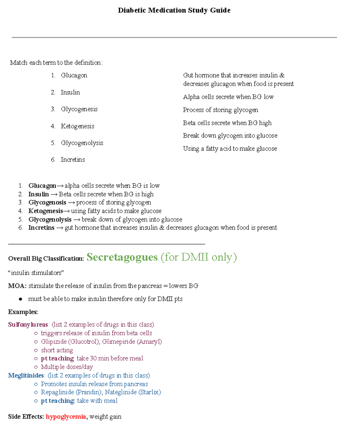 Copy of Diabetic Medication Study Guide - Diabetic Medication Study ...