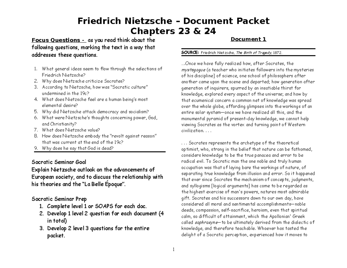 Ch. 24 Nietzsche PD - notes - Chapters 23 & 24 Focus Questions - as you ...