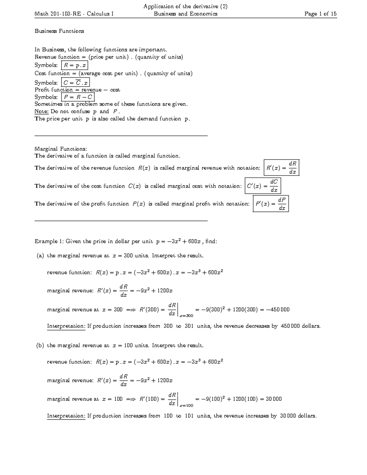 11 - Math 201-103-RE - Calculus I Business and Economics Page 1 of 15 ...