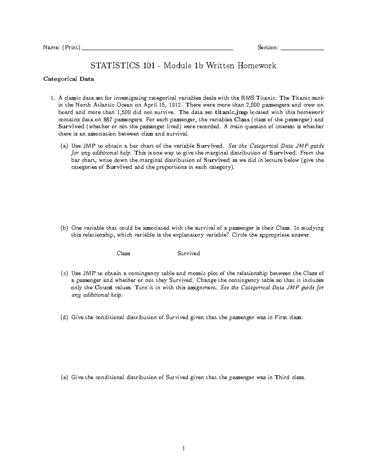 1b Homework Stat 101 Name Print Section Statistics 101 Module 1b Written Homework