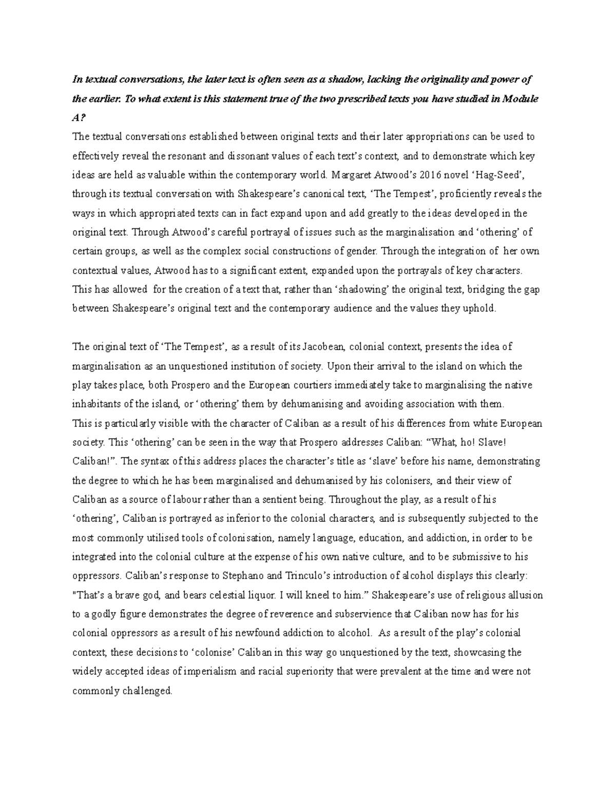 English Comparative Essay - 'The Tempest' and 'Hag-Seed' - Studocu